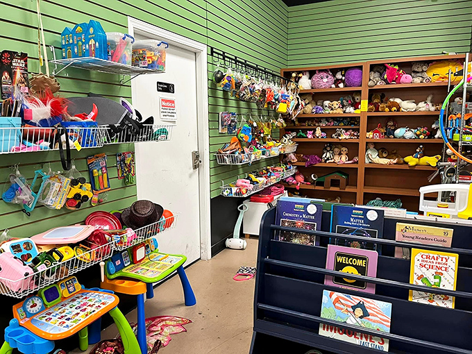 The toy corner bursts with primary colors and possibilities, a wonderland where childhood memories get their encore performance.
