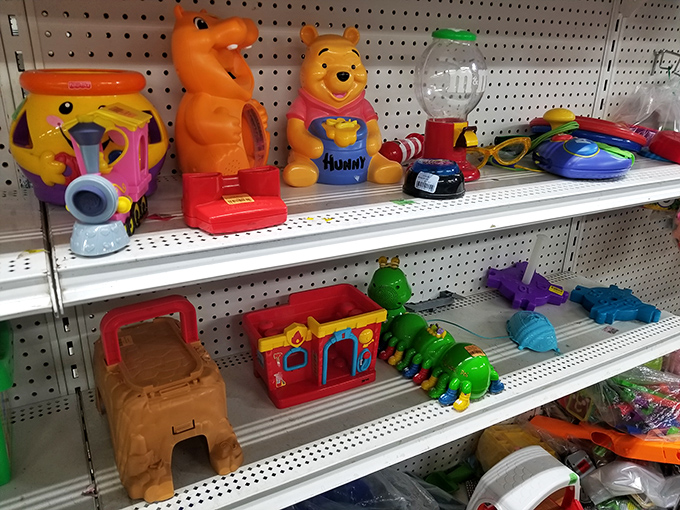 Winnie the Pooh and friends hold court on pegboard shelves, ready to spark imagination in a new generation of little hands.