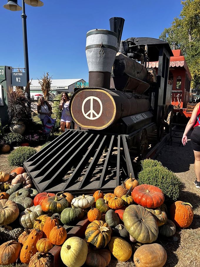 All aboard the peace train! This repurposed locomotive surrounded by heirloom pumpkins captures Junkstock's hippie-meets-harvest vibe perfectly.