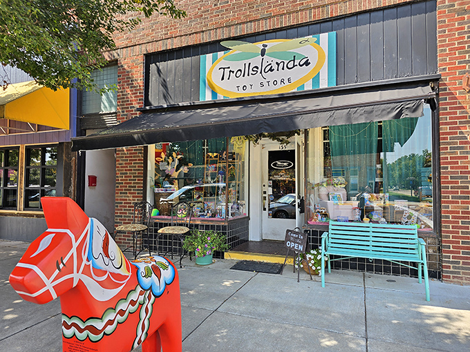 Trollsl&auml;nda Toy Store brings whimsy to Main Street with its colorful dala horse standing guard. Childhood joy knows no age limit here.