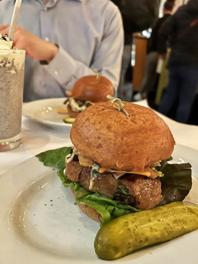 A burger that challenges beef supremacy. The green leaf lettuce adds the perfect crisp counterpoint to that substantial patty.