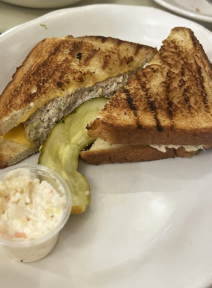 The humble tuna melt, elevated to art form. Perfectly grilled bread, generous filling, and that essential pickle spear for acid balance.