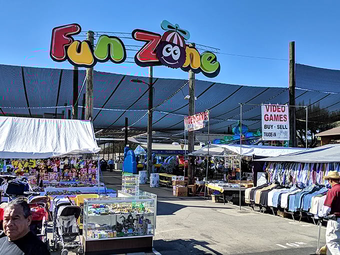 The Fun Zone sign promises exactly what it delivers&mdash;a carnival atmosphere where joy is the main commodity being traded.