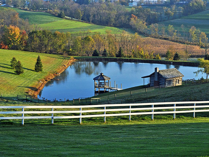 The quintessential Ohio countryside unfolds like a patchwork quilt, with that serene pond reflecting the big sky. Nature's own masterpiece on display.