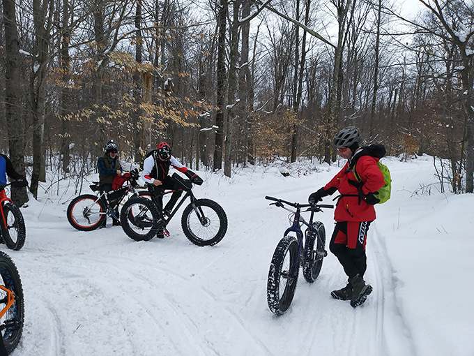 Fat tire bikes on fresh powder&mdash;winter's version of off-roading. Cold noses and warm smiles included with every trail ride.