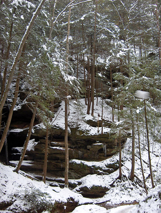 Winter transforms the hollow into a crystalline wonderland where icicles become nature's chandeliers and snow silences everything but your own footsteps.