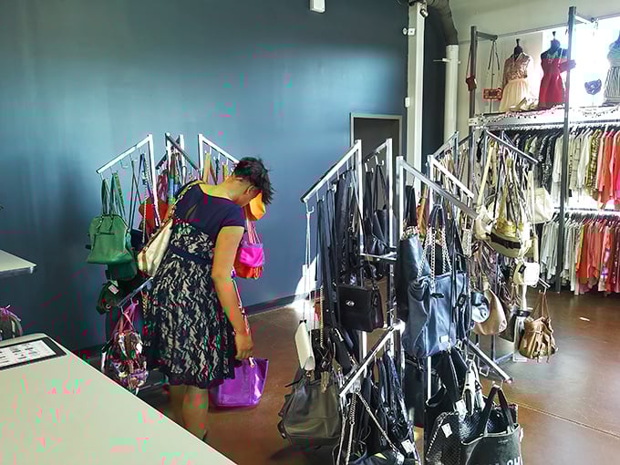 The handbag section: where yesterday's splurges become today's steals. That green tote is practically screaming "take me home!"