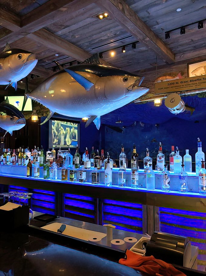 The bar that launched a thousand ships&mdash;and cocktails. Those fish overhead have seen some strikes, spares, and spectacular wipeouts.