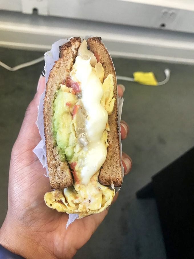 The cross-section reveals the truth: this sandwich achieves the golden ratio of egg, cheese, avocado, and bread. Breakfast mathematics at its finest.