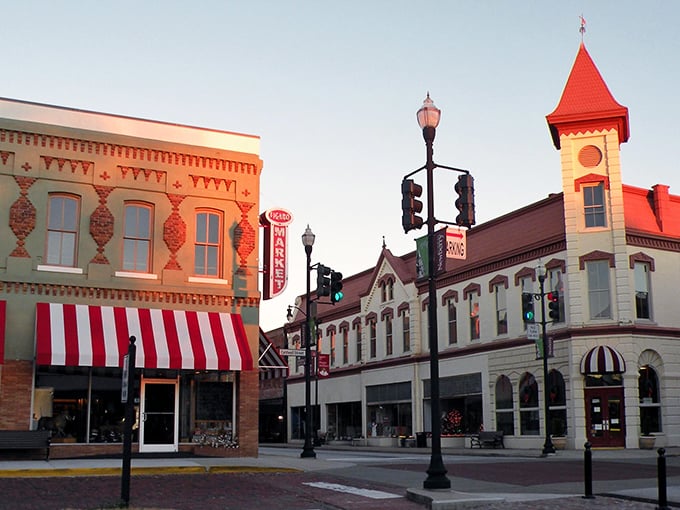 Sunset casts a golden glow on Newberry's distinctive architecture, where Victorian charm meets small-town practicality in perfect harmony.