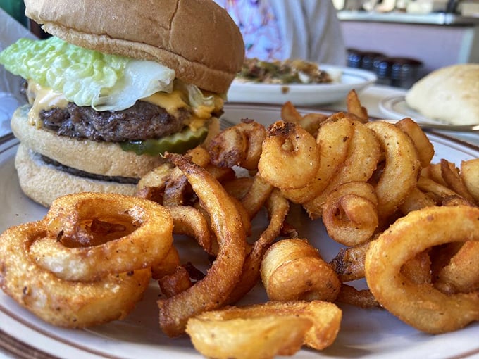 A burger with curly fries is diner poetry&mdash;each golden spiral a crispy testament to why fancy restaurants will never replace places like Nancy's.