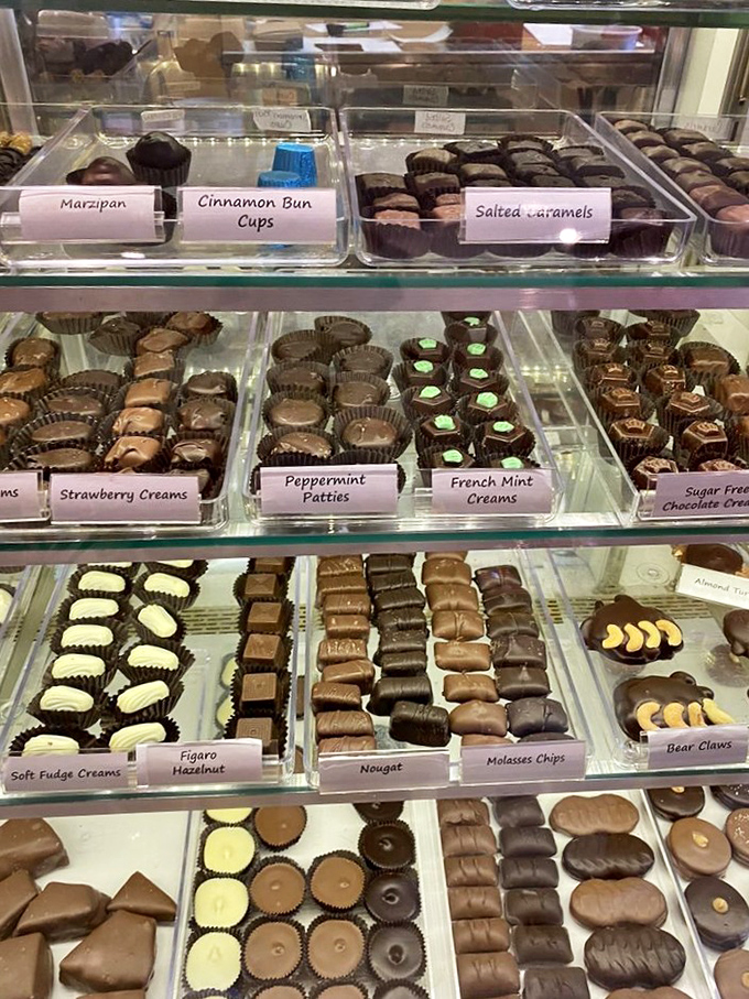 Chocolate heaven, meticulously arranged. From Peppermint Patties to French Mint Dreams, this display is basically an adult candy playground.