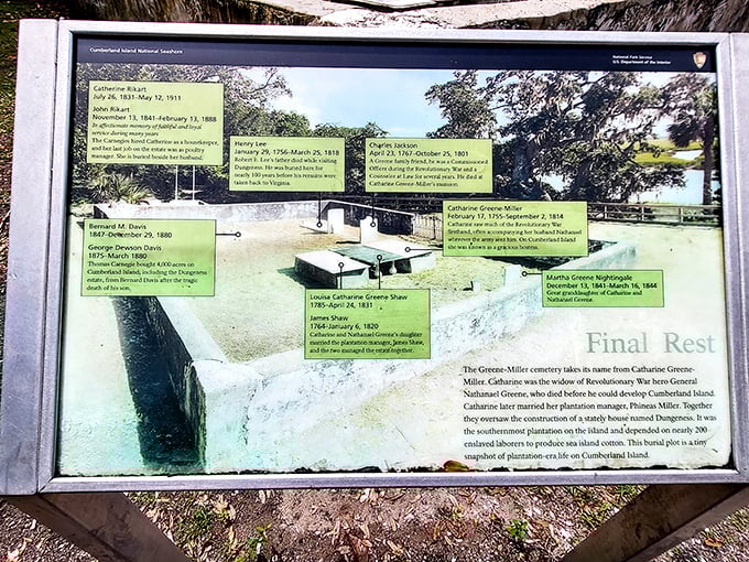 Final resting places tell stories too. This cemetery marker maps the family connections of those who once called this island paradise home.