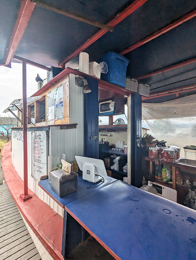 The ordering counter: where dreams come true and cash becomes happiness. Simple blue countertop, complex flavors.