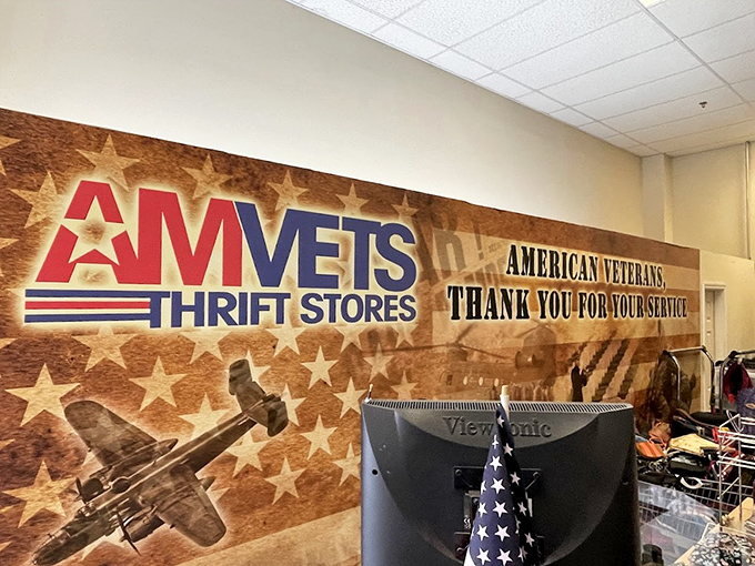 The patriotic backdrop reminds shoppers of their impact. Every purchase supports veterans while rescuing perfectly good items from landfill fate.