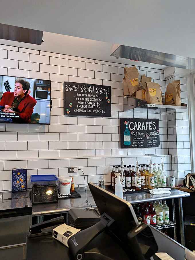 Where breakfast magic happens. The wall menu of "Shots! Shots! Shots!" proves they understand both college students and their visiting parents equally well.