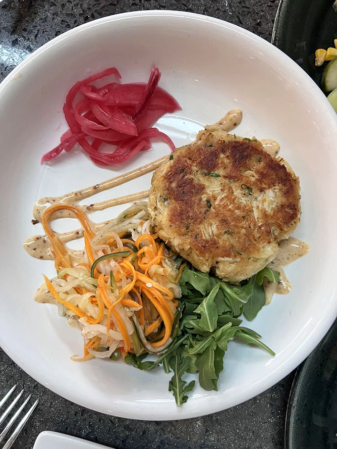 This crab cake has more actual crab than filler &ndash; a rare and beautiful thing that deserves a moment of silent appreciation before diving in.