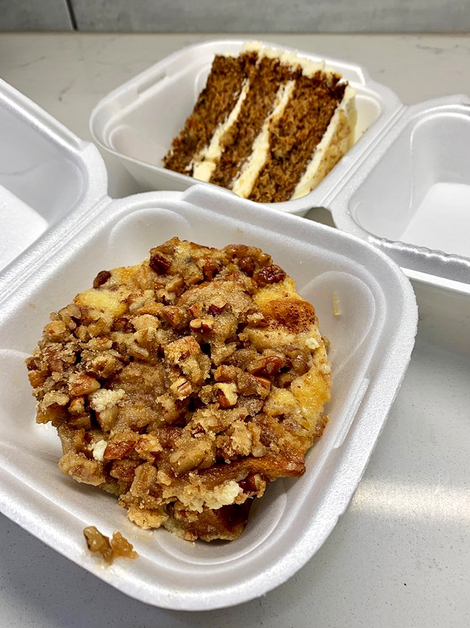 Desserts packed for takeout mean the Tommy's experience continues at home. That carrot cake looks like it could win county fair ribbons.