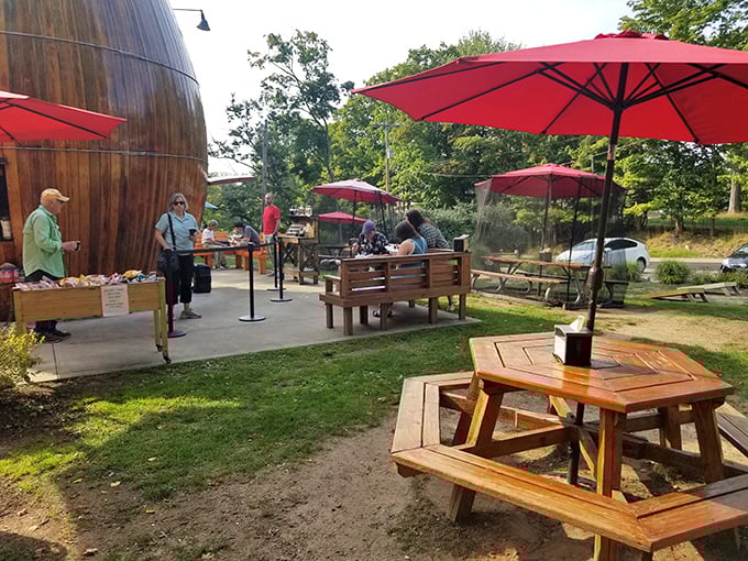 The barrel's wooden curves create a backdrop for summer's simplest pleasure: good food, fresh air, and no rush to be anywhere else.