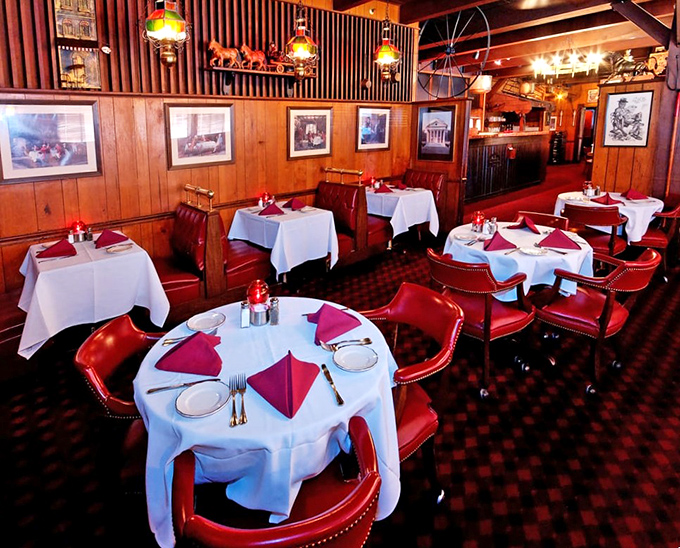 Every table tells a story of celebrations past and future. The burgundy napkins aren't just cloth&mdash;they're flags signaling the feast to come.