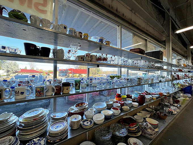 Sunlight streams through windows illuminating shelves of dishes waiting for second chances. One person's castoff becomes another's dinner party showpiece.