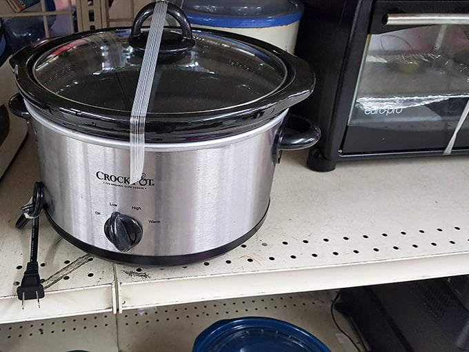 A perfectly good slow cooker waiting to create someone's next pot roast masterpiece. Kitchen treasures abound for the patient hunter.