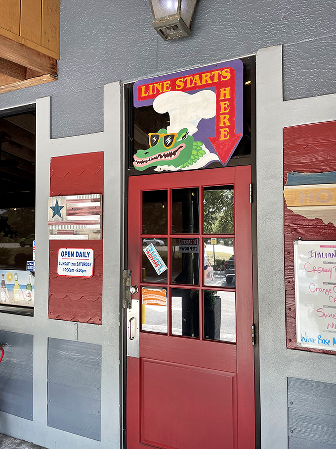 That cheerful gator mascot knows what's up - this is where the line starts for seafood happiness.