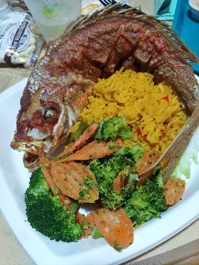 Whole fried yellowtail snapper staring down its plate companions. When your dinner looks back at you, you know it's authentically Florida.