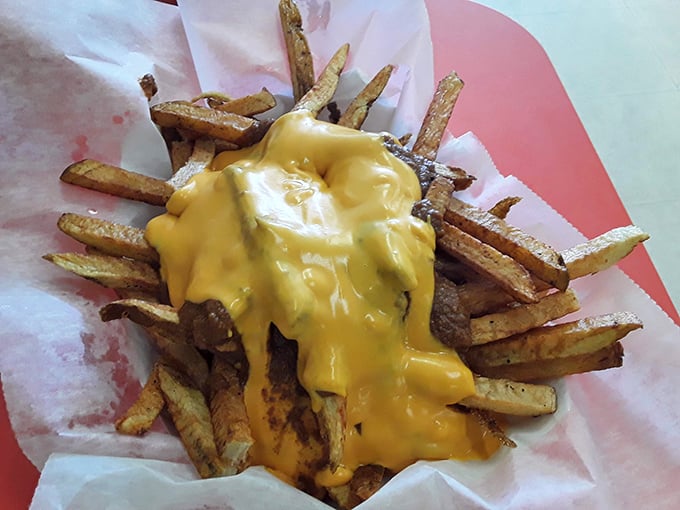 Fries elevated to art form with a blanket of molten cheese. Like a comfort food hug for your taste buds after a long day.