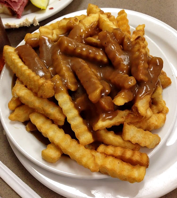 Crinkle-cut fries swimming in gravy's warm embrace. A side dish that refuses to be overshadowed by its sandwich counterparts.