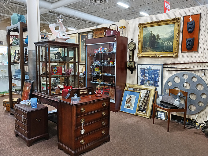 A curated chaos of mahogany, paintings, and display cases&mdash;each booth its own museum with everything for sale.