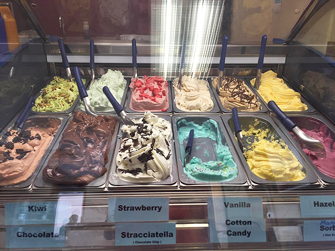 Gelato flavors lined up like edible paint swatches&mdash;from cotton candy blue to strawberry pink, each promising brain freeze worth experiencing.