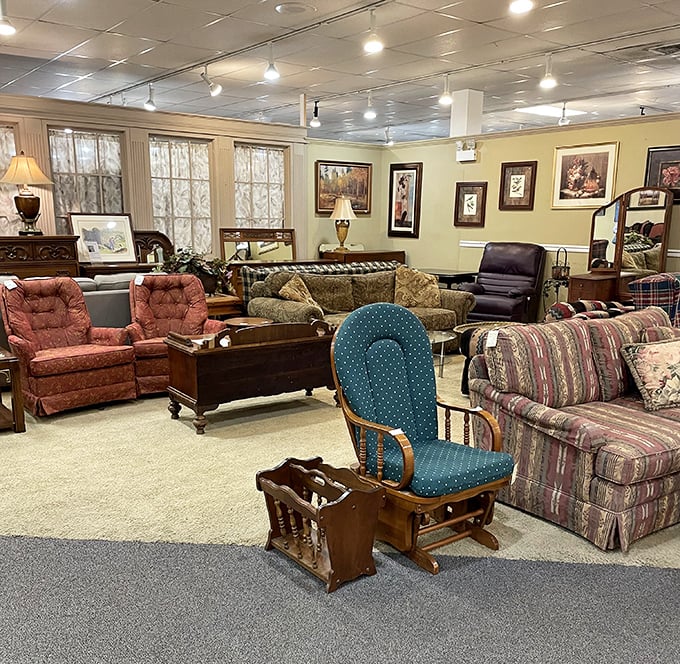 A furniture showroom that rivals any catalog spread, minus the sticker shock. That blue glider is calling your name!