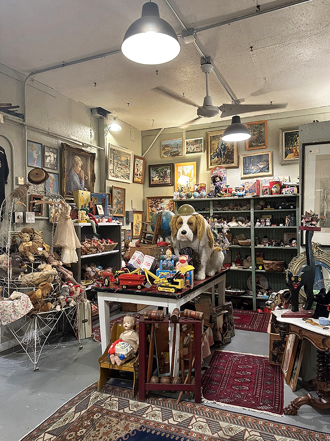 Vintage toys command center stage, with that oversized stuffed dog presiding over childhood treasures that evoke memories of Christmas mornings from decades past.