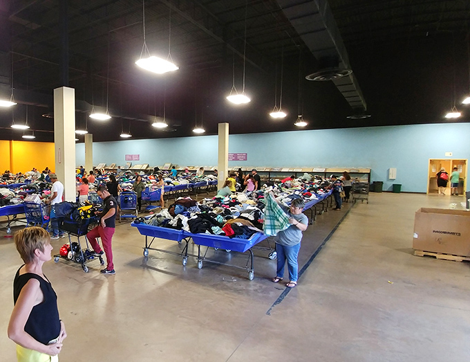 The industrial charm of bargain hunting at its finest. Under these fluorescent lights, everyday economics gets a thrifty makeover.