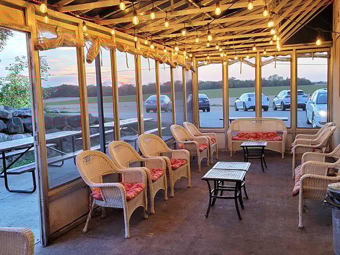 The screened porch area offers a charming spot to enjoy your chicken feast while watching Wisconsin sunsets paint the sky.