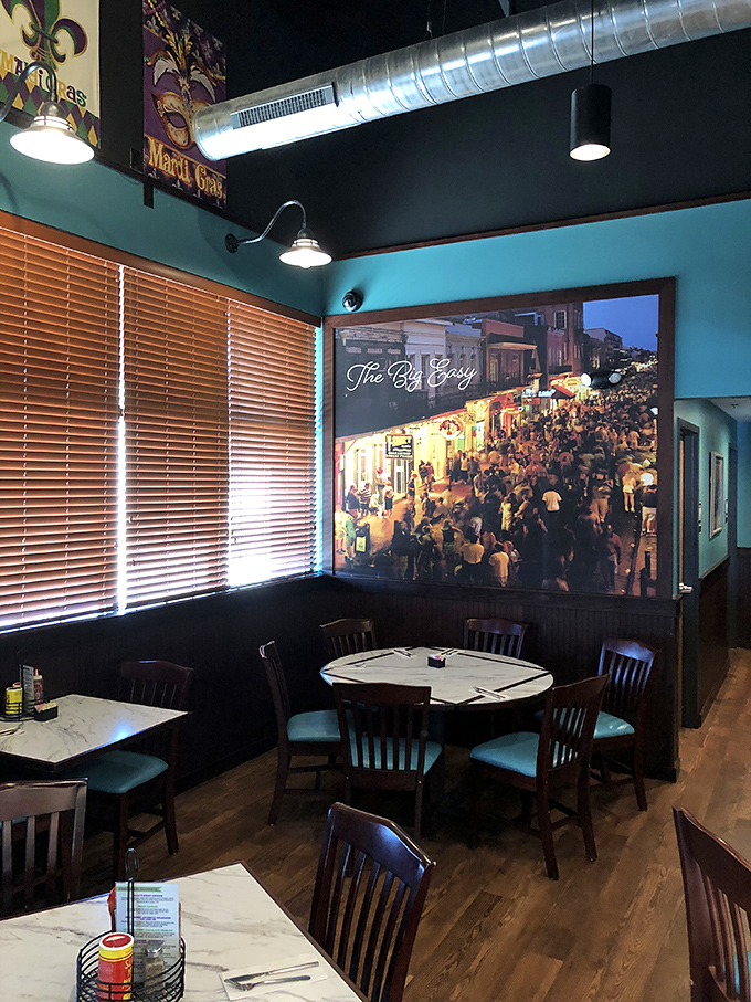 That New Orleans street scene mural isn't just decoration&mdash;it's foreshadowing for the flavor parade about to march across your taste buds.