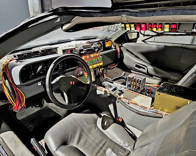 The DeLorean's cockpit&mdash;where 1980s tech meets time-travel dreams. Great Scott, those wires could jumpstart a conversation with any movie buff!