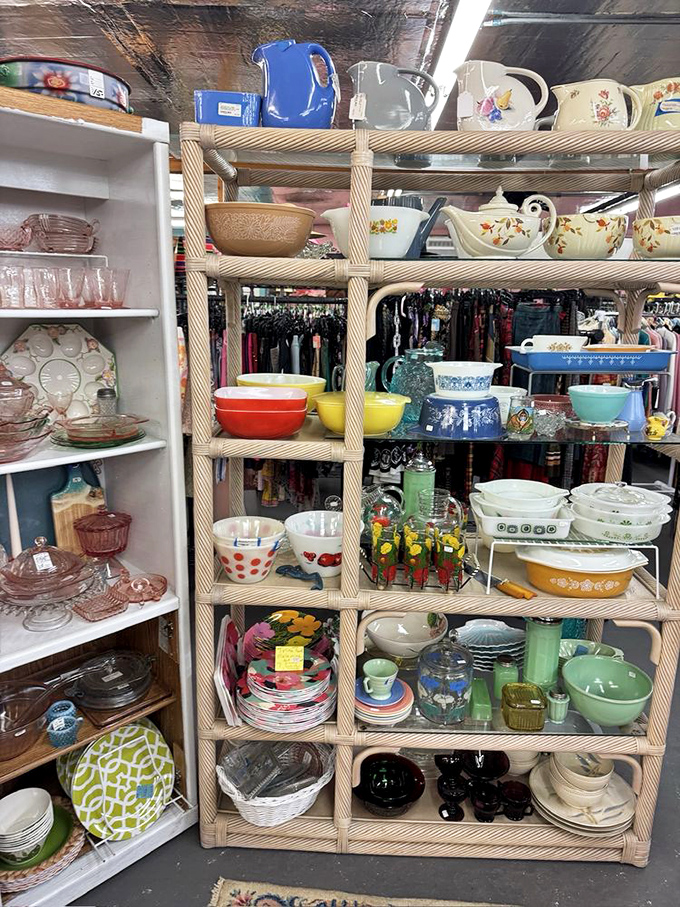 Vintage kitchenware paradise! Pyrex bowls in colors your grandmother cherished sit alongside teapots waiting to serve their next generation of tea lovers.