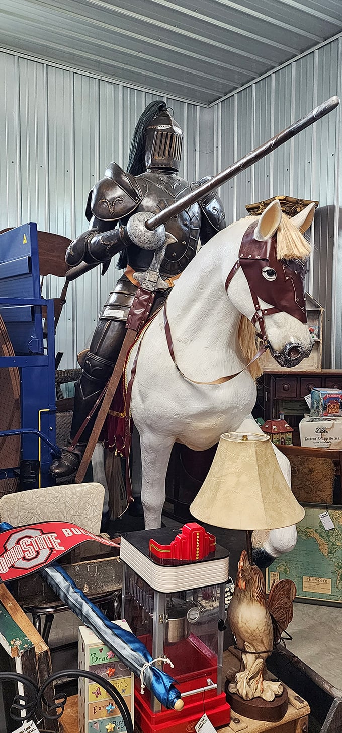 The knight who says "Buy!" This impressive armored figure on horseback stands guard over treasures far more accessible than the Holy Grail.
