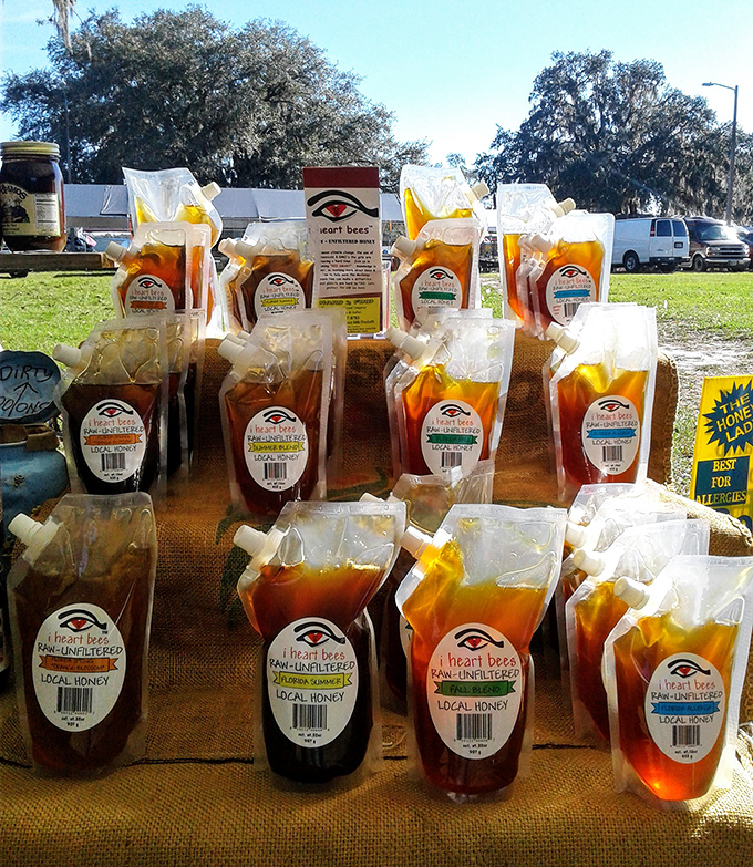 Local honey in its natural habitat&mdash;the flea market. Each pouch contains Florida's floral autobiography, written by thousands of industrious bees.