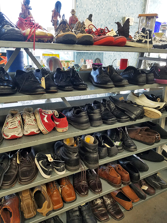 The shoe section: where leather loafers, work boots, and sneakers line up like hopeful contestants in a "Take Me Home" competition.