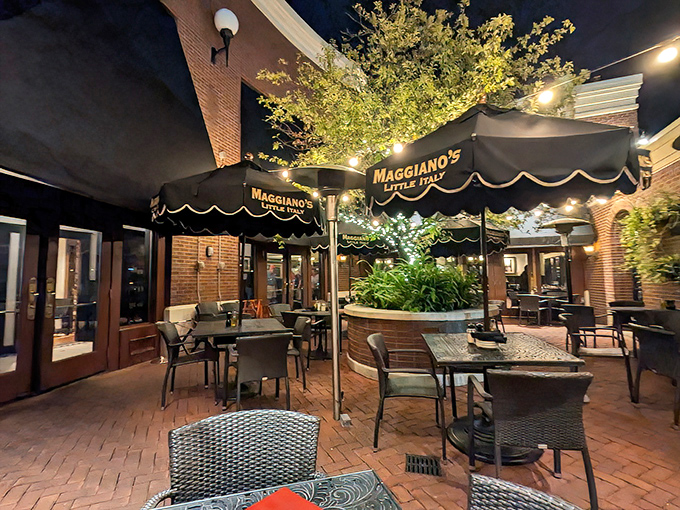 Evening outdoor seating that transforms everyday dining into a mini-vacation, with string lights creating that "Roman holiday without the passport" ambiance.