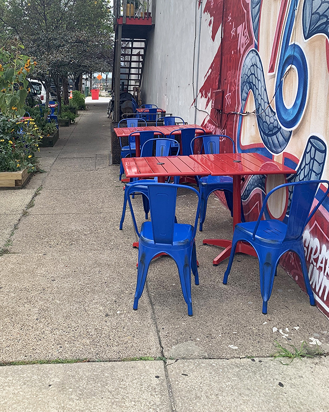 Outdoor seating with Philly attitude. Those blue chairs have seen things&mdash;mostly happy people enjoying post-breakfast conversations.