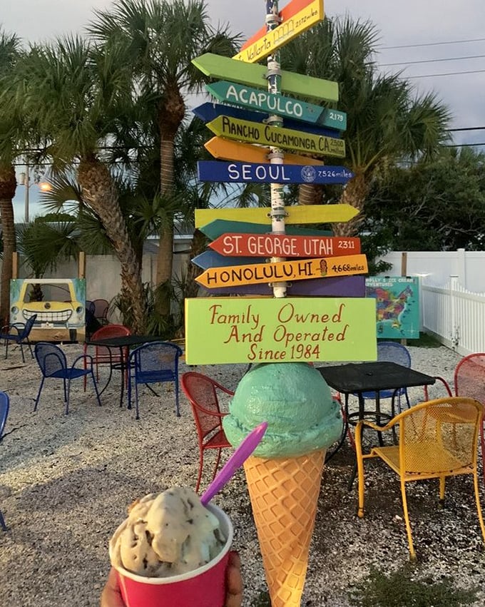Colorful directional signs and mint ice cream&mdash;proof that sometimes the journey and destination can both be sweet.
