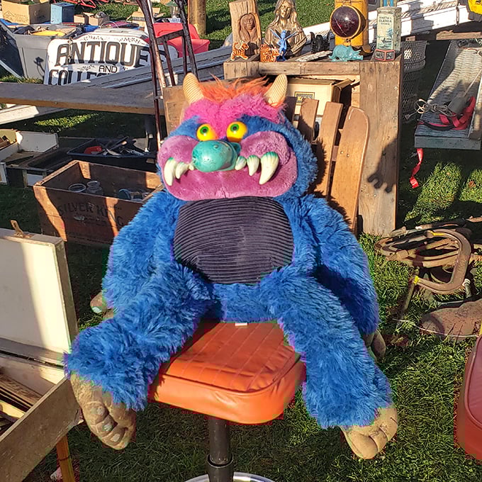 I come in peace! says this fuzzy monster from someone's childhood. One shopper's discarded nightmare becomes another's kitschy conversation piece.