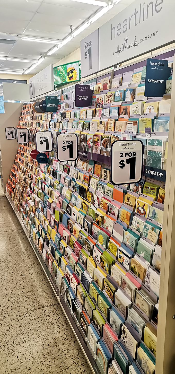 Hallmark quality at dollar store prices. The greeting card section that's saved countless last-minute gift-givers from showing up empty-handed.