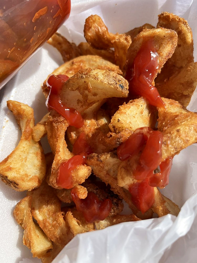 These aren't just fries—they're crispy potato shards of joy, kissed with ketchup and destined for a higher purpose than mere side dish status.