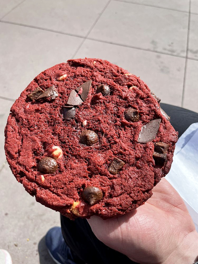 Red velvet cookie with chocolate chunks&mdash;proof that cookies, like fine wine and your favorite jeans, only get better with age and a few extra ingredients.