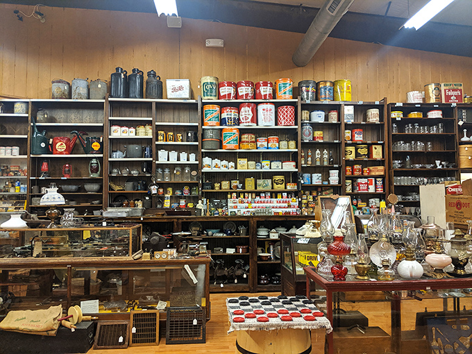 Shelves lined with vintage tins and containers that once occupied America's pantries. Before plastic took over, packaging was an art form worth preserving.